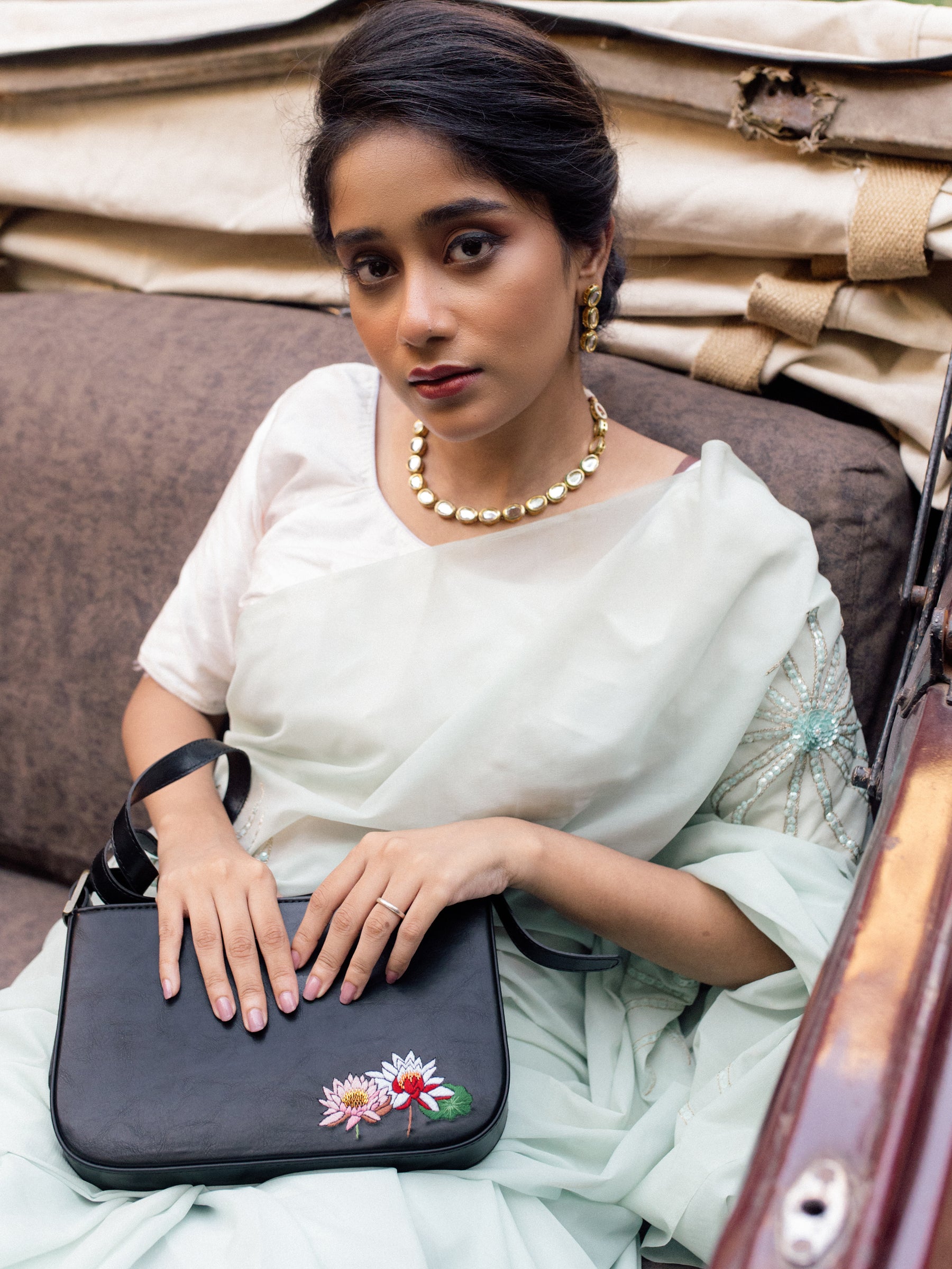 Hand Embroidered Lotus Baguette Bag – Miri